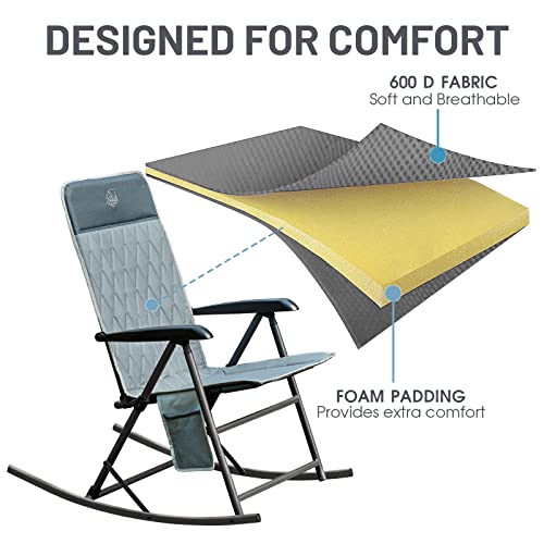 TIMBER RIDGE Padded High Back Folding Rocker Side Pocket Portable Rocking Lawn Chair Foldable for Camping Patio Garden, Supports 300 LBS, Grey