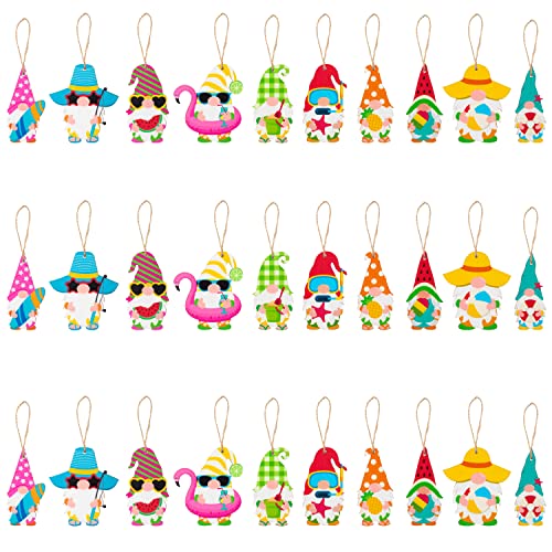 WATINC 31pcs Summer Gnome Hanging Wooden Ornament Set, Flamingo Element Wood Pendant Crafts Decor Supplies, Wood Tags Embellishments with Rope for Holiday Hawaiian Beach Party Decoration (10 Styles)