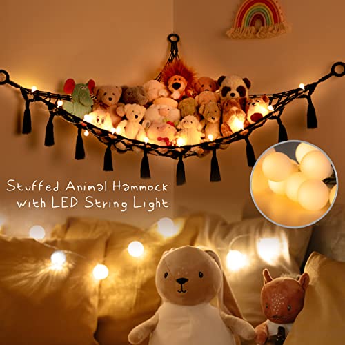 Stuffed Animal Net or Hammock with Light,Yewiwin Macrame Hanging Net Hammock for Stuffed Animal Toy Storage Organizer Boho Decor Room Holder for Nursery Play Room Bedroom (Black)