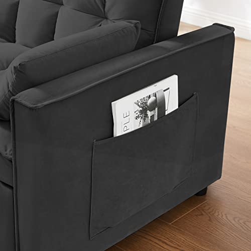 DHHU 52" Sleeper Couch Pull Out Bed, Velvet Convertible Sofa Bed, Loveseat Couch with Toss Pillows and Pockets for Living Room Furniture