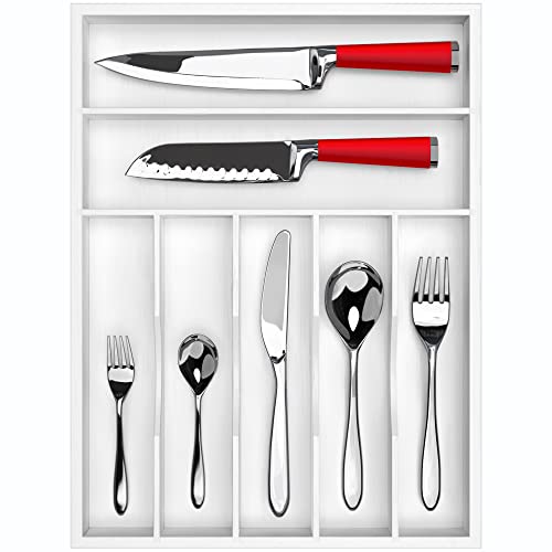 ROYAL CRAFT WOOD Luxury Bamboo Caddy Kitchen Drawer and Silverware Organizer, Utensil Holder and Cutlery Tray with Grooved Drawer Dividers for Flatware 7 Slot, White