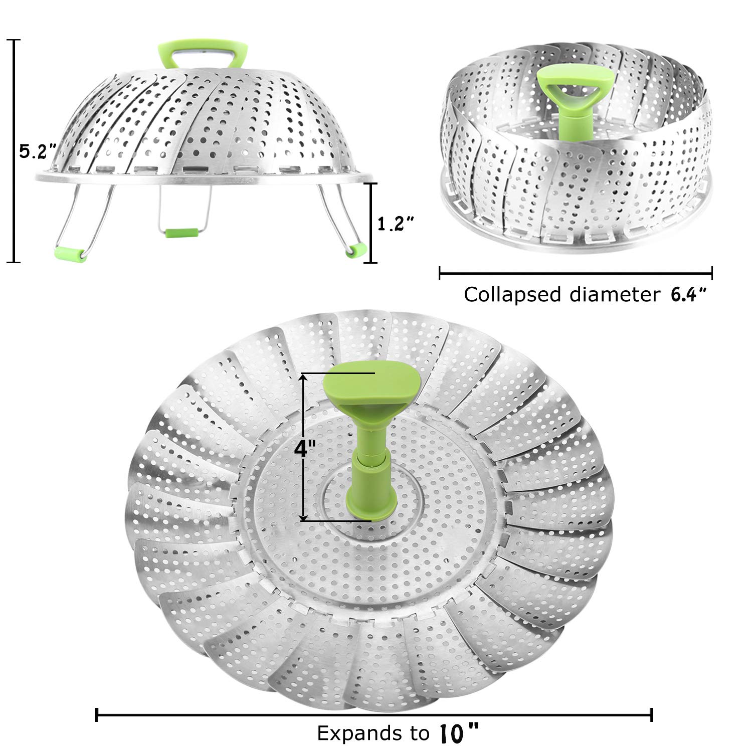 Consevisen Vegetable Steamer Basket for Cooking Food, Stainless Steel Veggie Steam Basket for Pot, Folding Expandable Steaming Insert with Extendable Handle Fits Various Size Pot, 6.4" to 10"