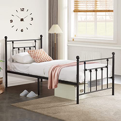 VECELO Twin Size Metal Platform Bed Frame with Headboard and Footboard, Sturdy Steel Slat Support/No Box Spring Needed Mattress Foundation/Easy Assemble,Victorian Style,Matte Black
