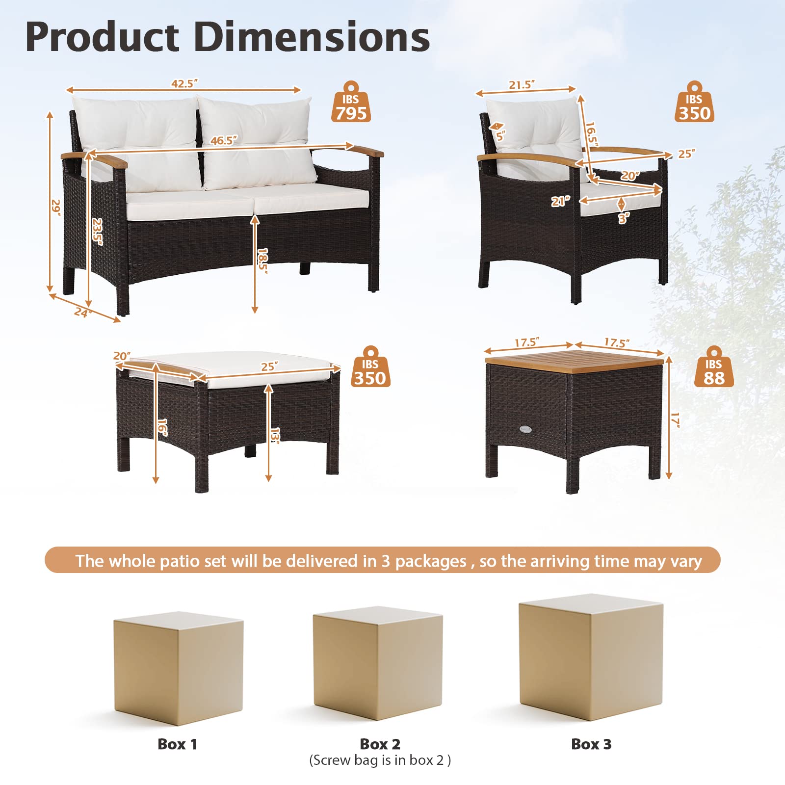 Tangkula 7 Pieces Patio Rattan Sofa Set, Outdoor Wicker Conversation Set w/Seat & Back Cushions, 2 Ottomans & 2 Coffee Tables, Acacia Wood Tabletop & Armrests, Wicker Sofa Set for Backyard, Poolside