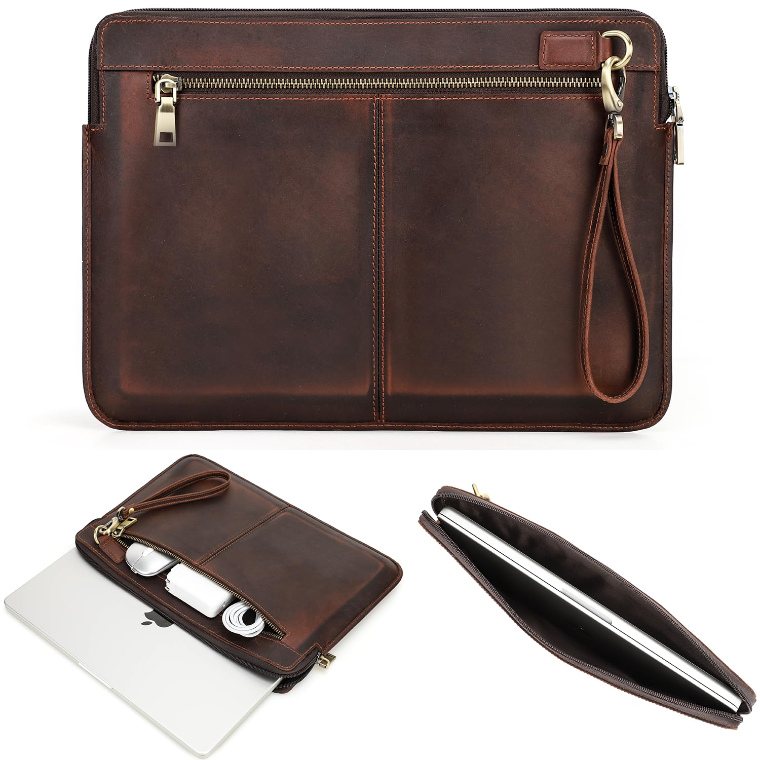 CataPurus Top Grain Leather 14.2" Laptop Case Bag, Zip Pockets Design, Compatible with MacBook Air 13" M2 A2681 M1 A2337 A2179 A1932/Pro 13" M2 M1 A2338 A2251 A2289 A2159 A1989 A1706, Coffee 14.2 Inch