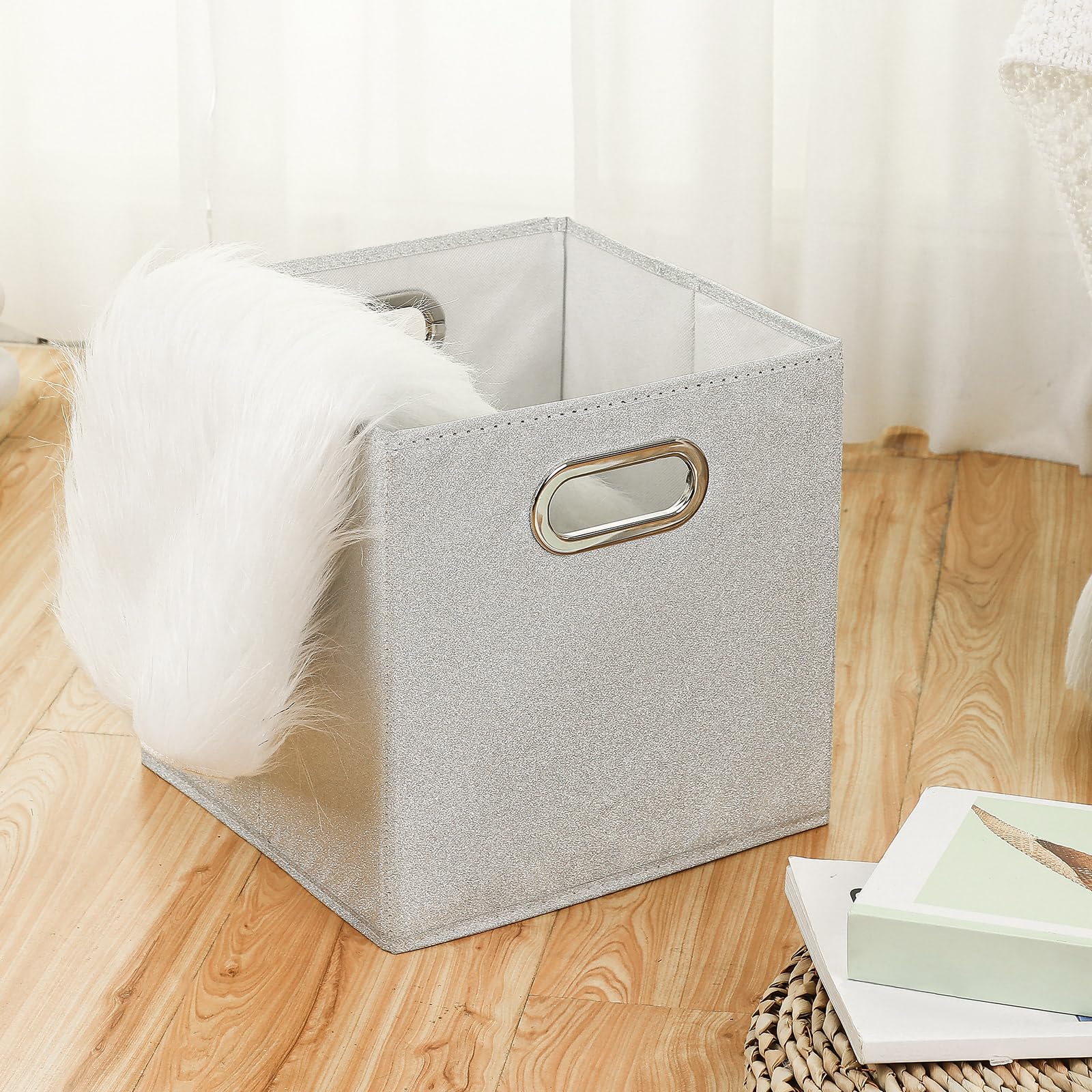 Tioncy 6 Pcs Silver Storage Cubes Shiny 11 x 11 x 11 Inch Storage Basket with Handles Collapsible Storage Bins Container Fabric Large Toys Clothes Organizer Box for Home Desktop Closet Shelf