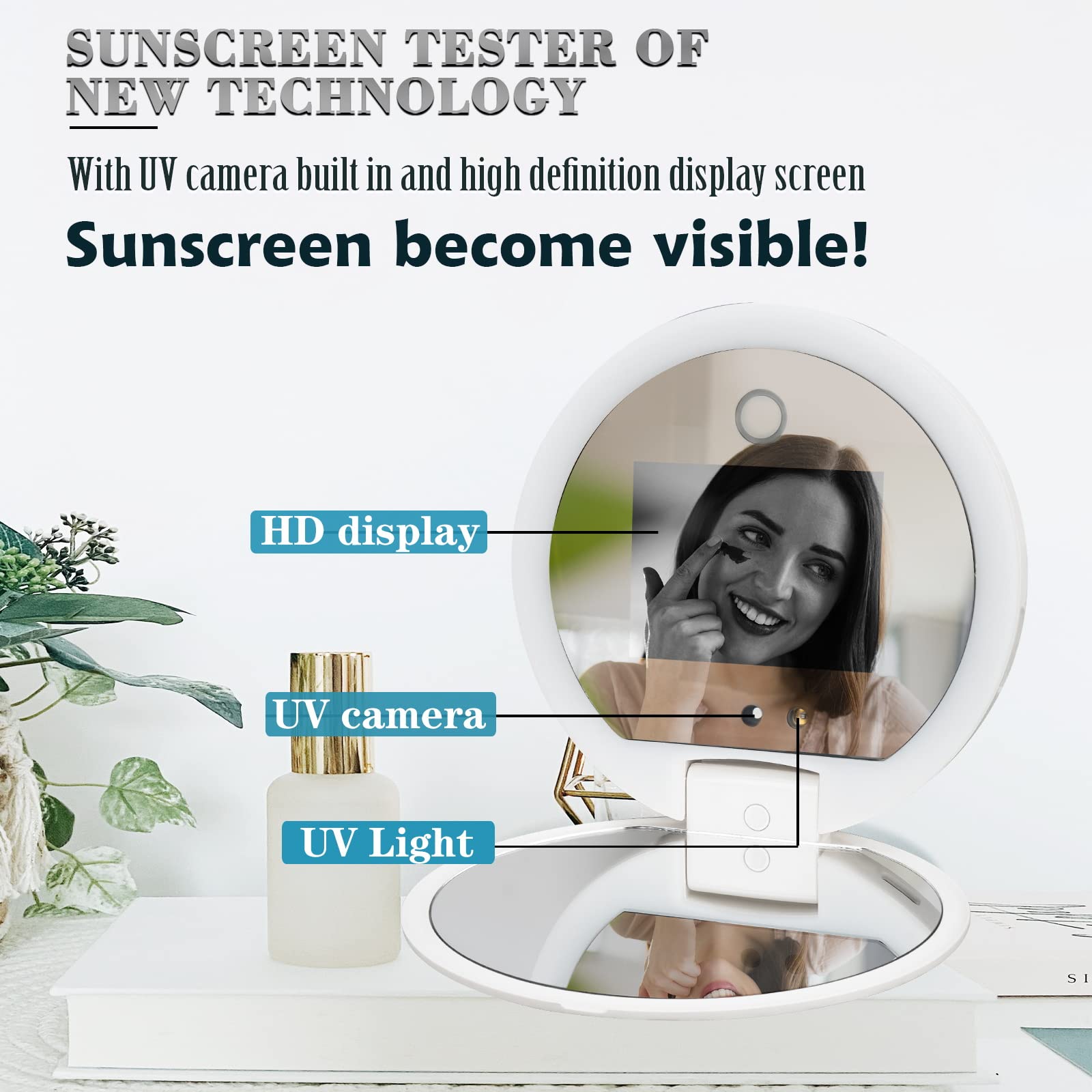 HOTMUZ Sunscreen Testing Mirror with UV Camera for Sun Skin Care,Travel Makeup Mirror with Lights Checking Sunscreen for Face, Sunscreen Detector for Skin Sun Protection,Led Mirror Makeup