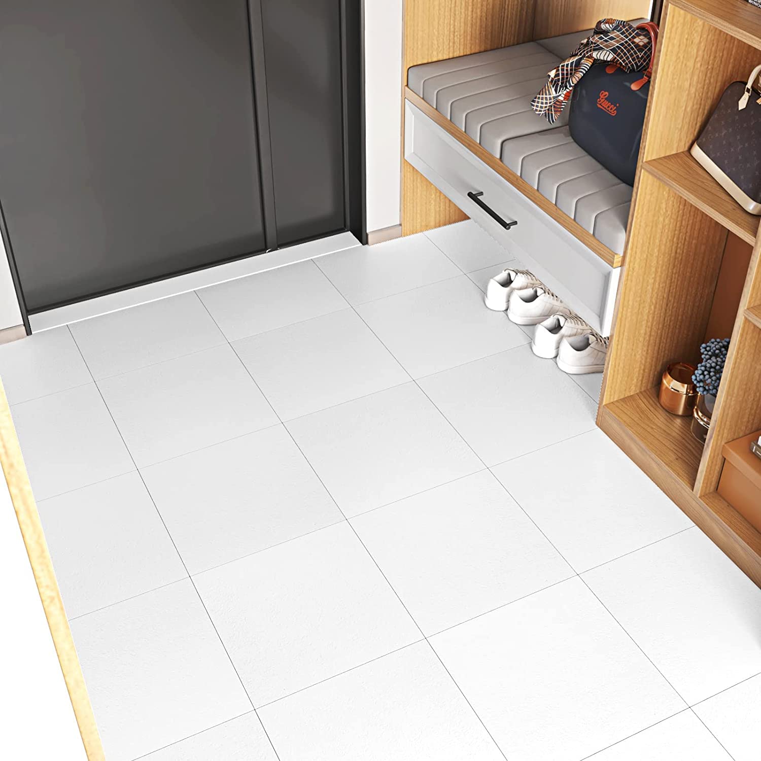 FunStick Peel and Stick Floor Tile Waterproof 12x12 In White Vinyl Flooring Peel and Stick Flooring for Bathroom Stick on Floor Tiles Removable Sticky Tiles for Kitchen Bedroom Laminate Flooring 5 Pcs