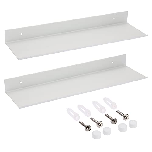 OwnMy Set of 2 White Metal Floating Shelf Wall Mount Bathroom Shower Shelves Brackets Floating Wall Racks, 16 Inch Metal Display Wall Shelves Modern Floating Storage Shelves for Kitchen Living Room