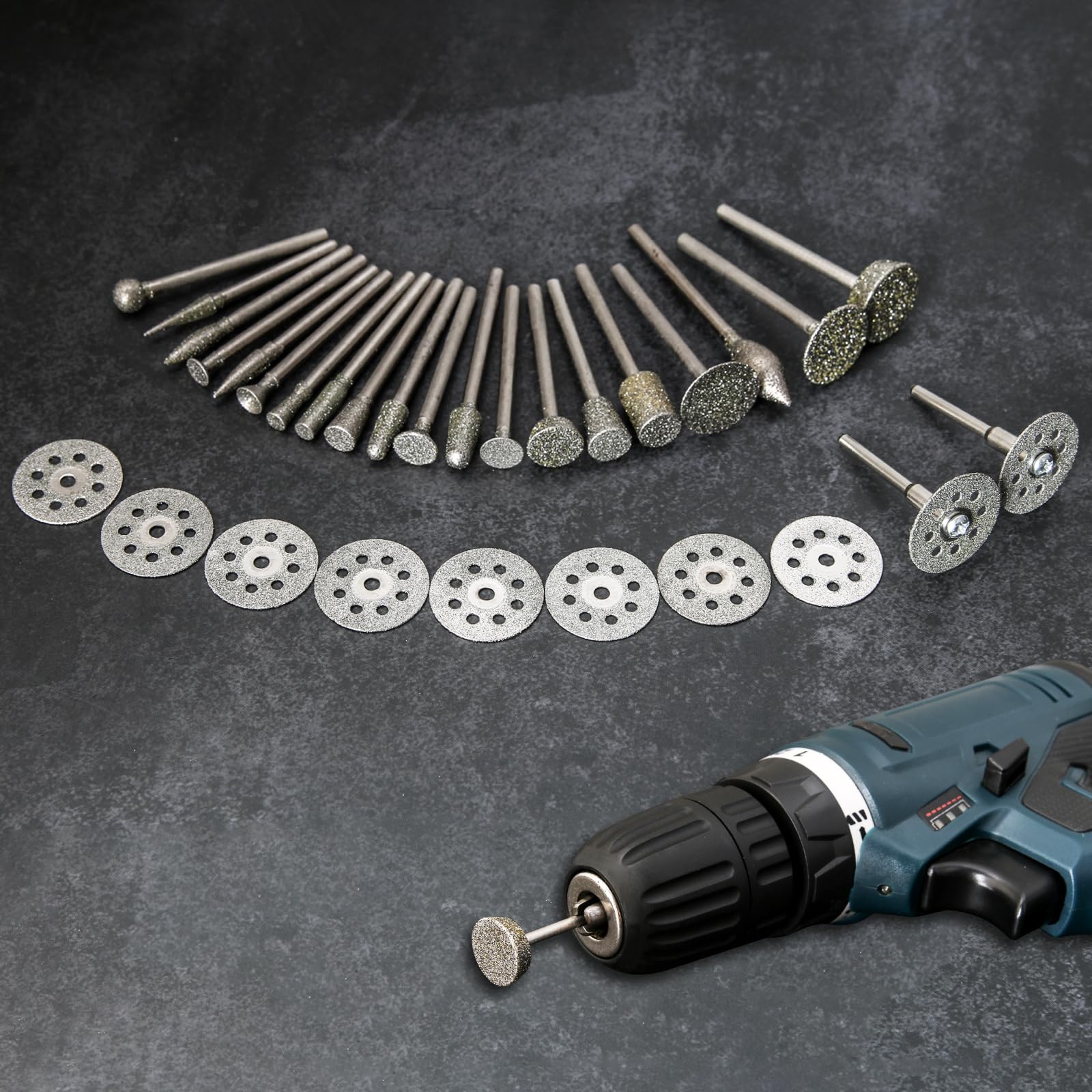 Diamond Burr Set for Dremel, Rotary Tool Grinding Cutting Wheel Stone Glass Tile Jewelry Engraving Rock Etching Masonry 1/8β Die Grinder Carving Cutter Metal Engraver Kit - 32pc Set
