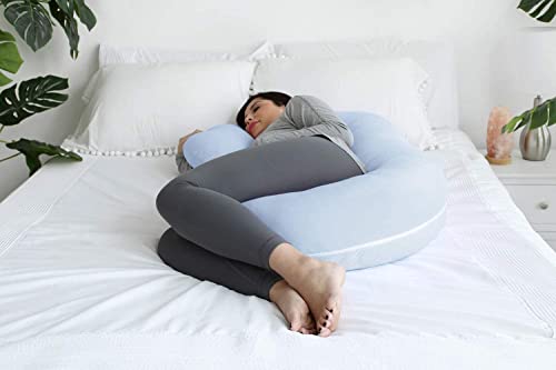 Pharmedoc Pregnancy Pillows, C-Shape Full Body Pillow – Jersey Cover Light Blue – Pregnancy Pillows for Sleeping – Body Pillows for Adults, Maternity Pillow and Pregnancy Must Haves, New Mom Gifts