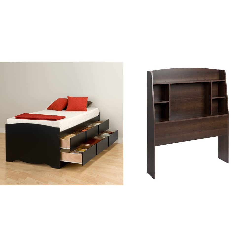 Prepac Captain's Platform Storage Bed with 6 Drawers, Twin, Black & Astrid Twin Headboard, Black