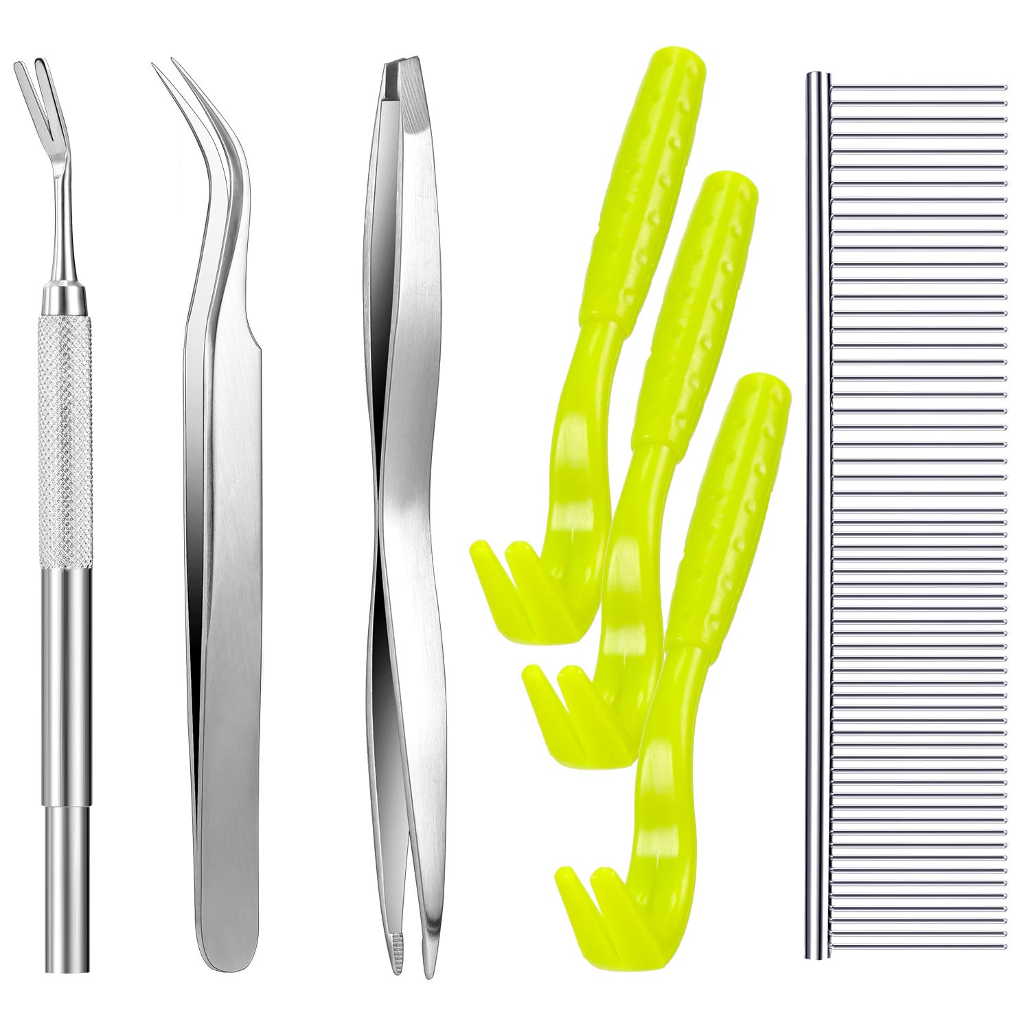 Tick Removal Tool Kit, Include 3 Pieces Plastic Removers, 3 Pieces Stainless Steel Tweezers with Comb for Dog and Cats (Fluorescent Green)