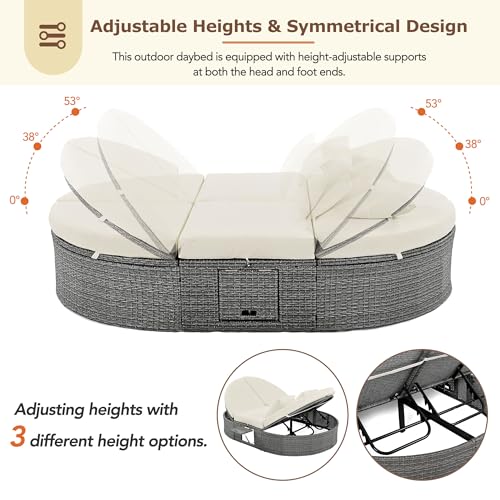 EOVTK Outdoor Rattan Daybed, Multifunctional 2-Person Sun Bed with Cushions and Pillows, Wicker Reclining Chaise Lounge with Adjustable Backrests and Foldable Cup Trays for Lawn, Poolside, Beige