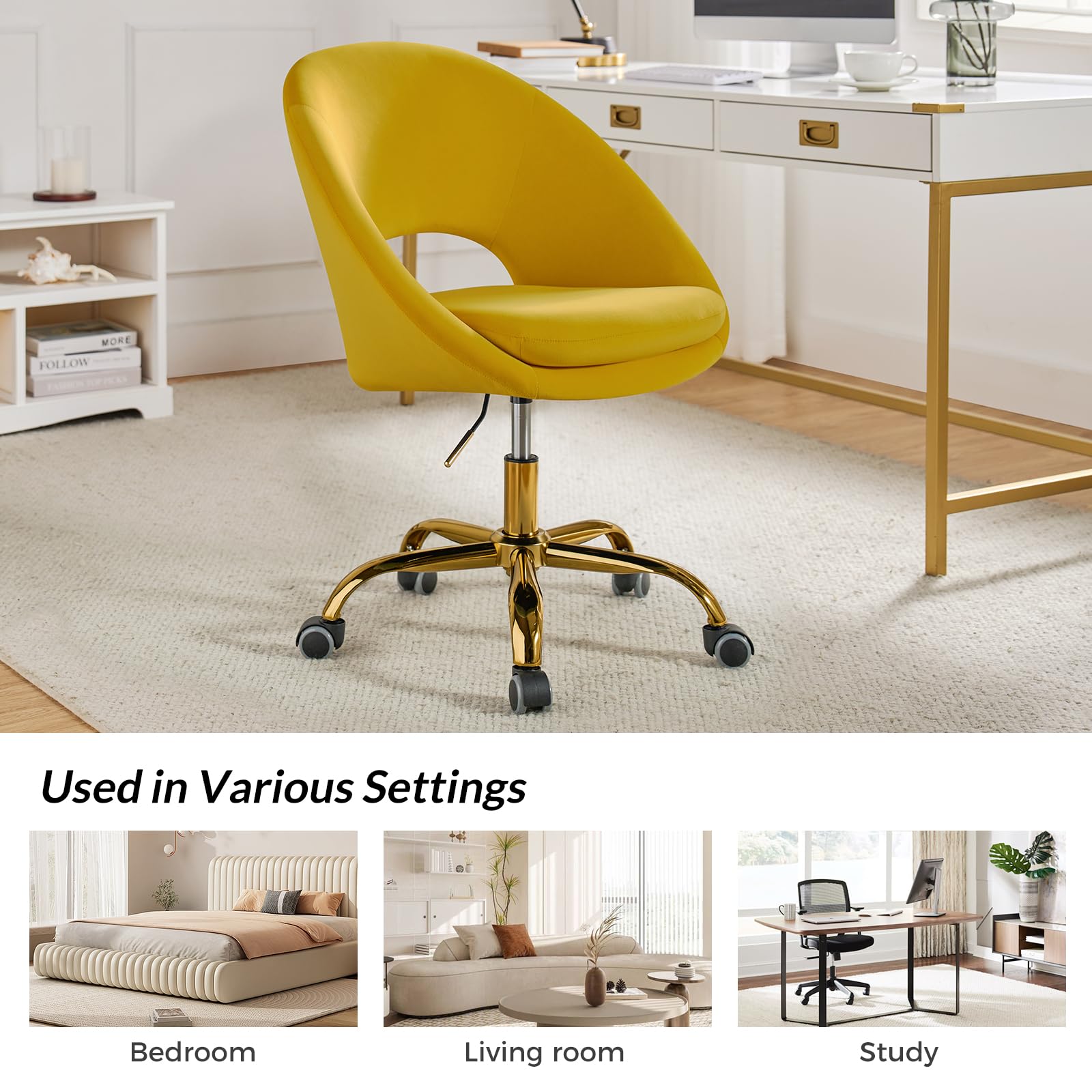 TINA'S HOME Modern Velvet Office Chair with with Adjustable Swivel, Comfy Upholstered Desk Chair with Open Back, Small Cute Chair for Living Room Study Vanity, Yellow