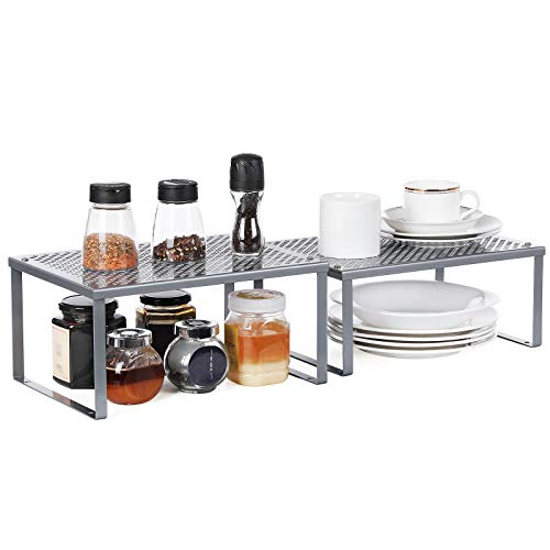 SONGMICS Cabinet Shelf Organizer and Kitchen Shelf Bundle, 4 Stackable Kitchen Cabinet Shelves, Expandable, White and Silver UKCS01WT and UKCS01SV