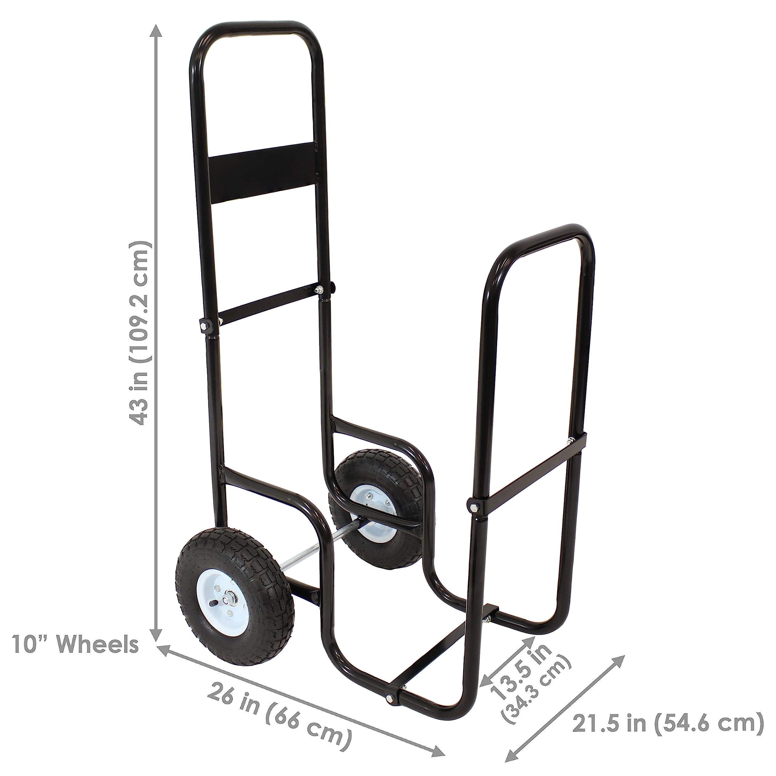 Sunnydaze Outdoor Firewood Log Cart with Pneumatic Tires - Black Steel Rolling Wood Carrier