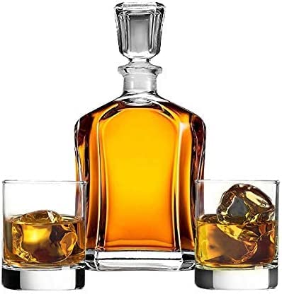 Whiskey Decanter Set with Whiskey Glasses and Airtight Stopper for Vodka, Bourbon, Brandy. Italian Glass | 23.75oz with 2 pack 11oz glasses, Made in Italy