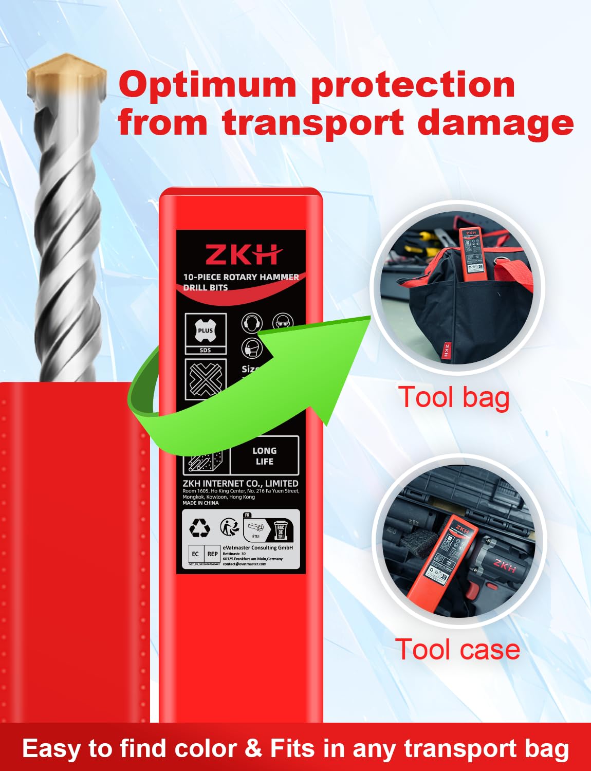 ZKH 10 Pcs SDS Plus Bits Set, (3/16'',1/4'',5/16'',3/8",1/2"), Carbide Tipped(YG8, Rotary Hammer Drill bits for Concrete, Cement, Stone, Brick, Ceramic Pots & More