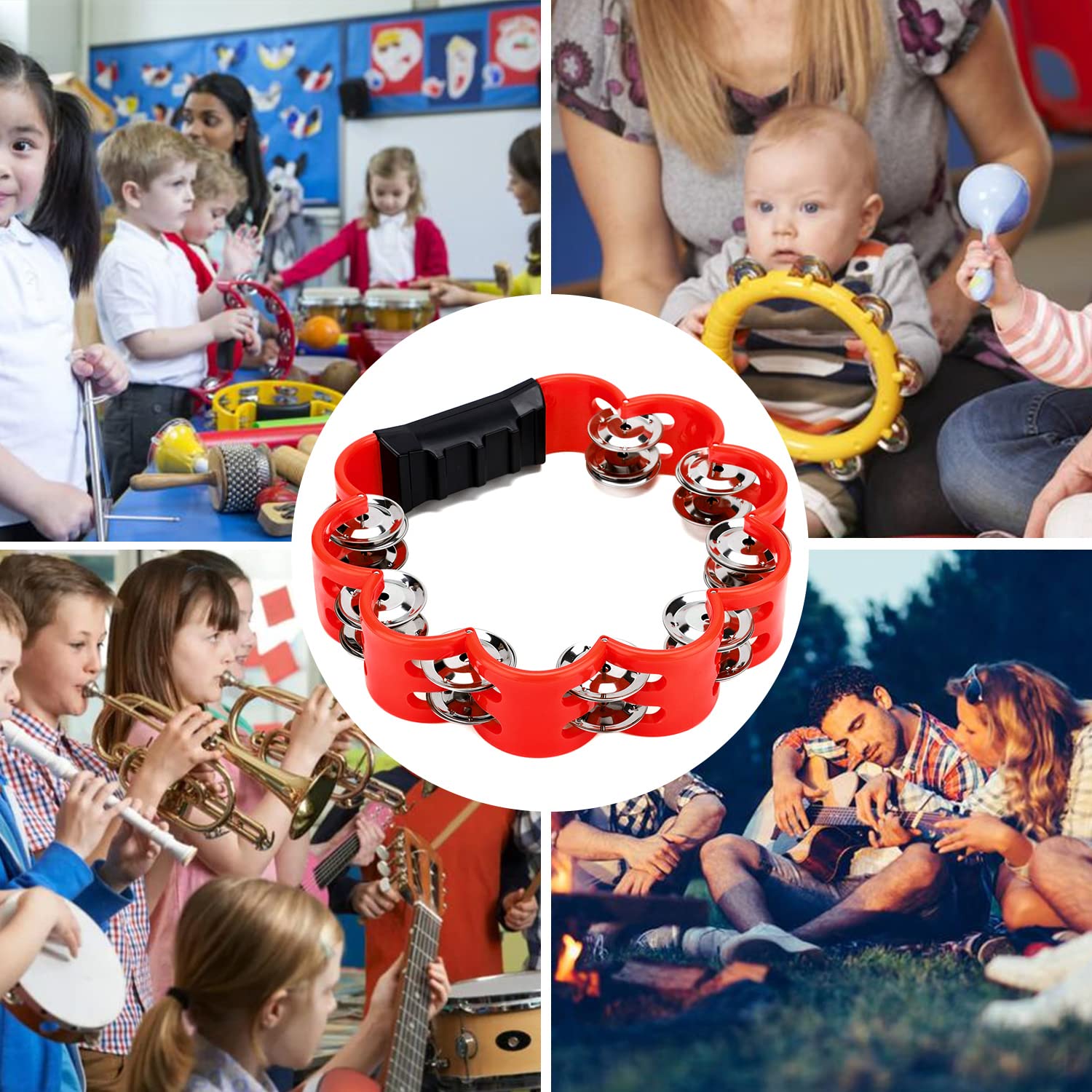 Facmogu 2 Pack Double Row Handheld Percussion Tambourine, Hand Tambourine Bells Music Instrument - Red