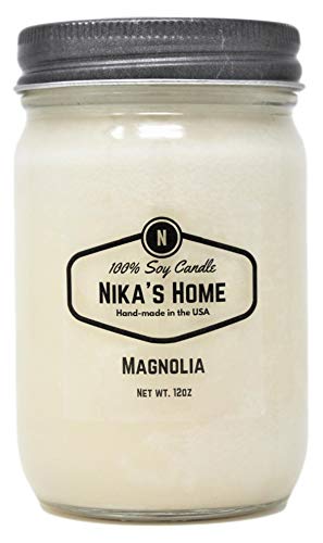 Nika's Home Magnolia Soy Candle 12oz Mason Jar Non-Toxic White Soy Handmade, Long Burning 50-60 Hours Highly Scented All Natural, Clean Burning Large Candle Gift Décor