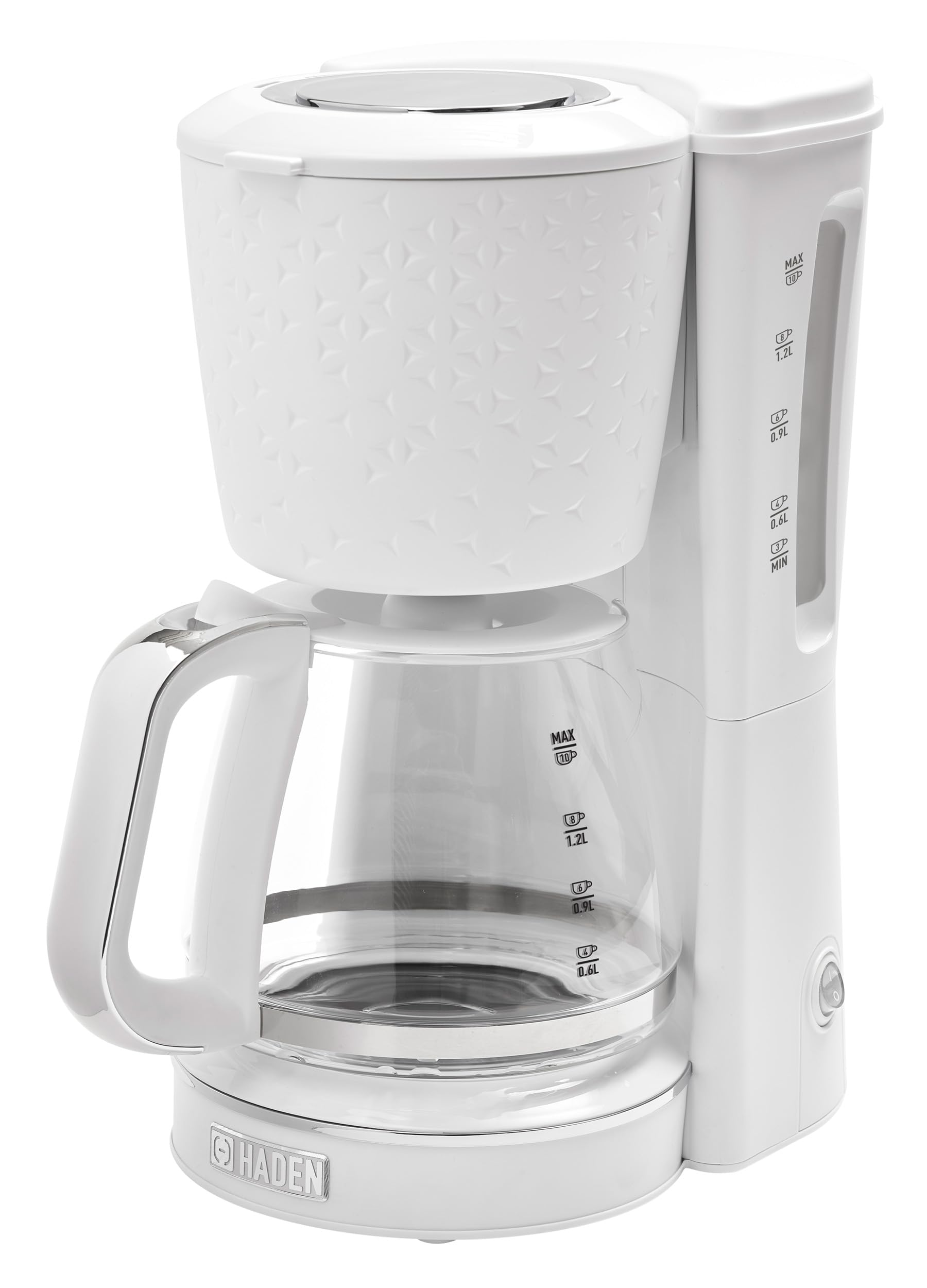 HADEN Starbeck Elegant Easy to Clean Drip Coffee Machine with Glass Carafe, 30 Second Anti Drip and Keep Warm Function, 1.5 Liter Tank, White/Chrome