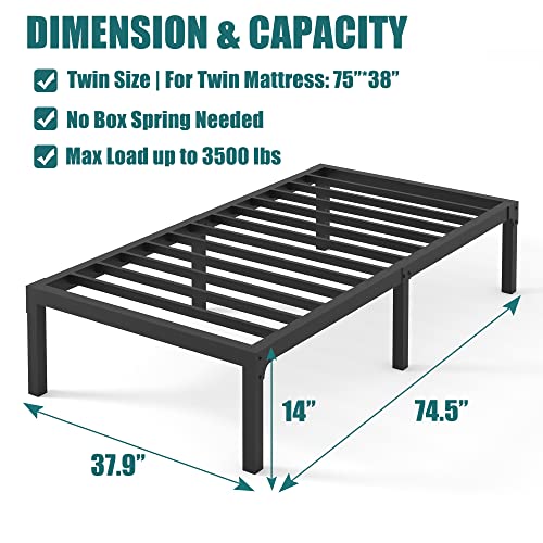 Yitong Angel Twin Bed Frame, 14 Inch High 3500 lbs Heavy Duty Metal Platform, Mattress Foundation with Steel Slat Support/No Box Spring Needed/Noise Free/Non-Slip/Easy Assembly