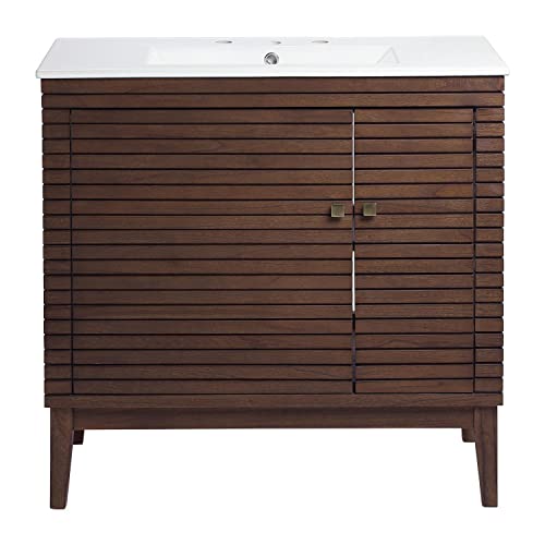 Modway Ledger Wood Bathroom Vanity Cabinet, 36 Inch, Walnut White