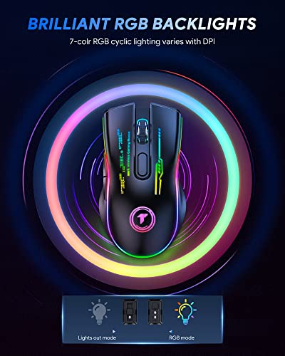 TECURS Gaming Mouse Wireless Gaming Mouse,USB Optical Computer Mouse Mice with 5 LED Lights,Rechargeable Gamer Mouse,4800 DPI for Laptop PC Gamer Desktop Chromebook Mac,Black