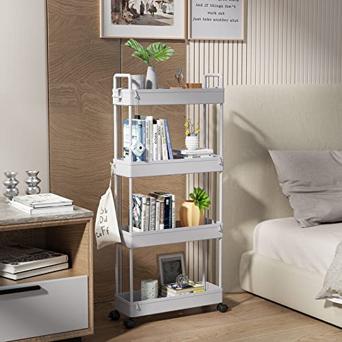 SOLEJAZZ Slim Storage Cart, 4 Tier Bathroom Organizer Mobile Shelving Unit, Rolling Utility Cart Slide Out Organizer for Kitchen, Bathroom, Laundry, Narrow Places, Gray