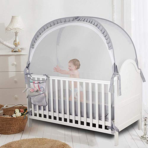 ZXPLO Baby Safety Crib Tent Infant Pop up Mosquito Net Nursery Bed Canopy Netting Cover - Keep Baby from Climbing Out with Hanging Diaper Storage Bag (Gray)