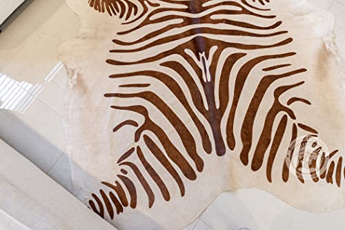 Zebra Print Brown on Beige Genuine Cowhide Rug Size 6 x 7 ft. 180 x 210 cm