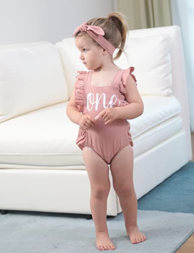 Shalofer Baby Girls One Year Old Outfits First Birthday Romper Cute Backless Ruffles Jumpsuit with Headband (Pink,12-18 Months)