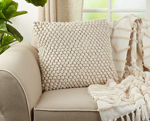 SARO LIFESTYLE Camargue Collection 3519.I20S Crochet Pom Throw Pillow with Down Filling, 20", Ivory