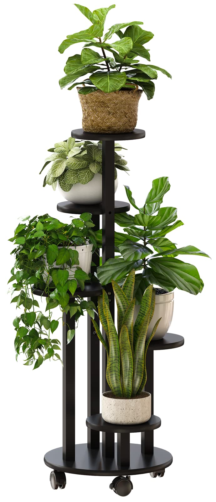 Black Plant Stand with Wheels, 5 Tiered Bamboo Tall Plant Stands for Indoor Plants Multiple, Corner Plant Stand for Window Garden Balcony Living Room Outdoor