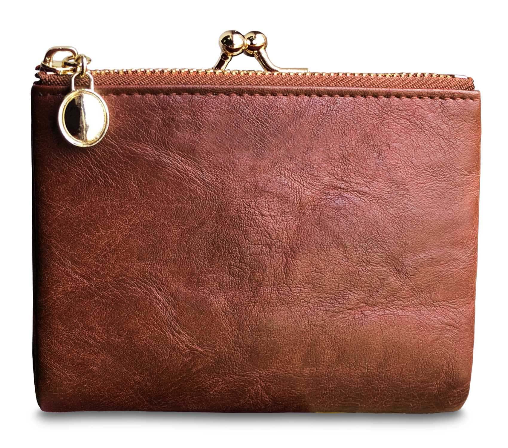 TOPKULL Womens Wallet Small Bifold Rfid Ladies Mini Vintage Coin Purse With Zipper and Kiss Lock (Brown)