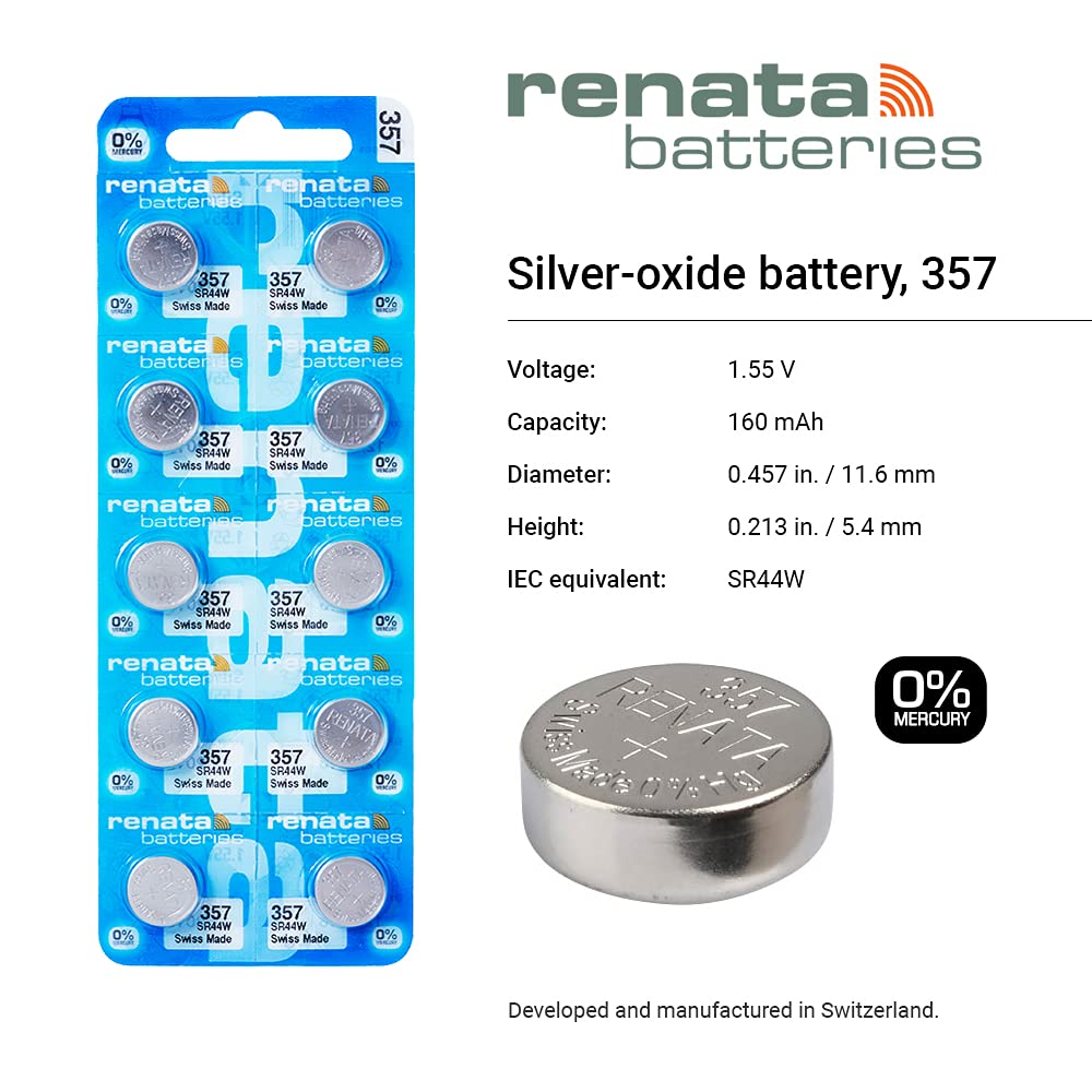 Renata 357 SR44W Batteries - 1.55V Silver Oxide 357 Watch Battery (10 Count)