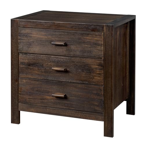 Karl home Farmhouse Nightstand with Charging Station, Solid Pine Wood 3 Drawer Night Stands for Bedroom, Bedside Table with 2 USB Ports & 2 AC Outlets, Vintage End Tables, Brown