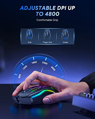 TECURS Gaming Mouse Wireless Gaming Mouse,USB Optical Computer Mouse Mice with 5 LED Lights,Rechargeable Gamer Mouse,4800 DPI for Laptop PC Gamer Desktop Chromebook Mac,Black