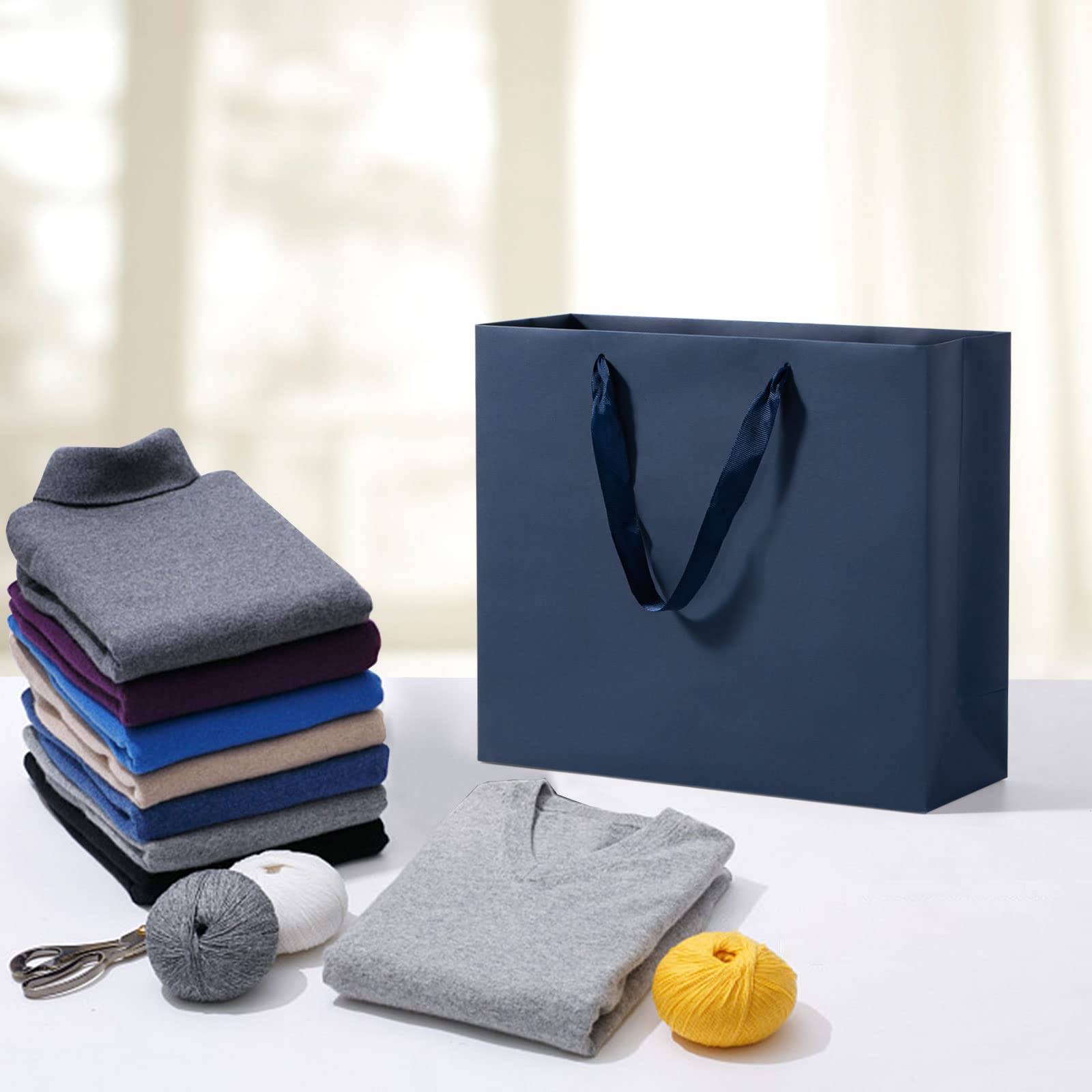 Driew Extra Large Navy Blue Gift Bag, 12 Pcs, 12.6x4.5x11 inches Kraft Paper, Ribbon Handles, Ideal for Wedding, Party, Shopping, DIY