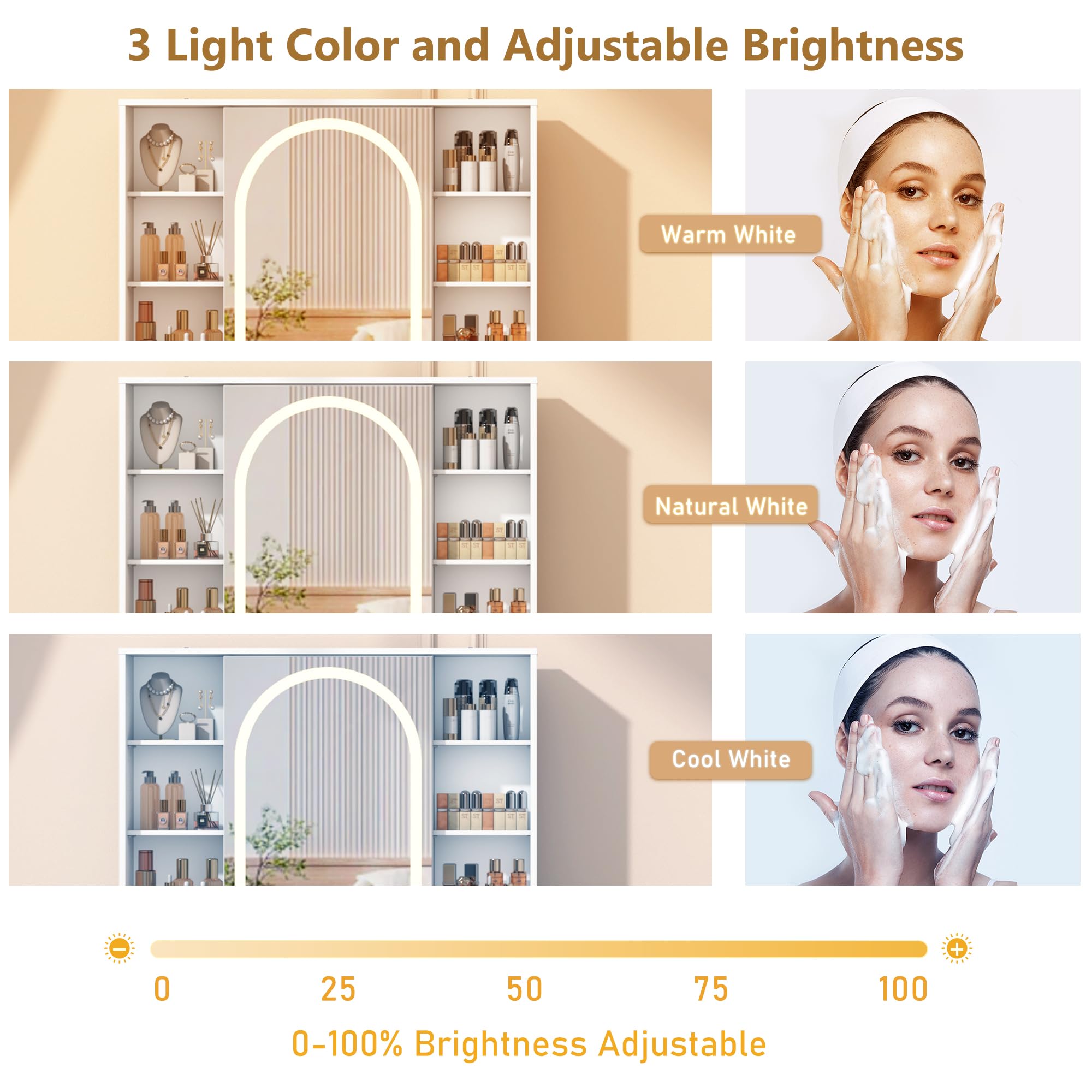 chartustriable 62" Large Vanity Desk with Mirror and Lights 3 Lighting Modes, Vanity Dresser with Charging Station and 2 Drawers, Modern LED Vanity with Storage Shelves for Bedroom, White
