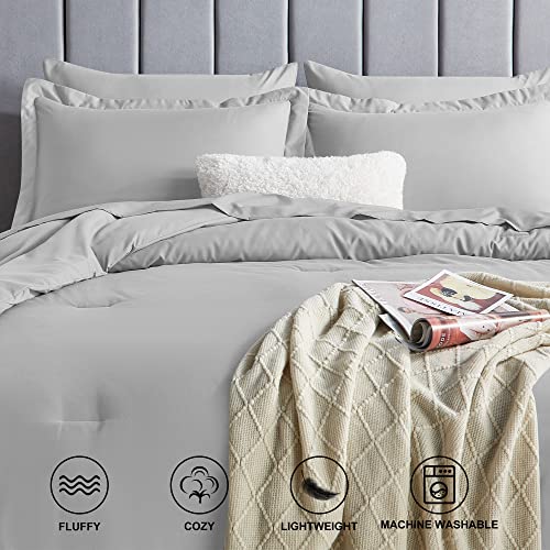 QSTEHEML Queen Comforter Set 7 Pieces, Solid Color Light Grey Queen Bedding Sets, Soft Queen Bed in a Bag with Comforter, Flat Sheet, Fitted Sheet, Pillow Shams and Pillowcases for All Season