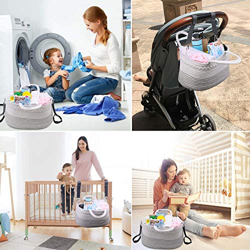 Shynek Rope Diaper Caddy Organizer Baby Diaper Caddy Basket Changing Table Diaper Nursery Basket with Removable Insert and Stroller Hooks Clips for Diaper Baby Shower Newborn Registry