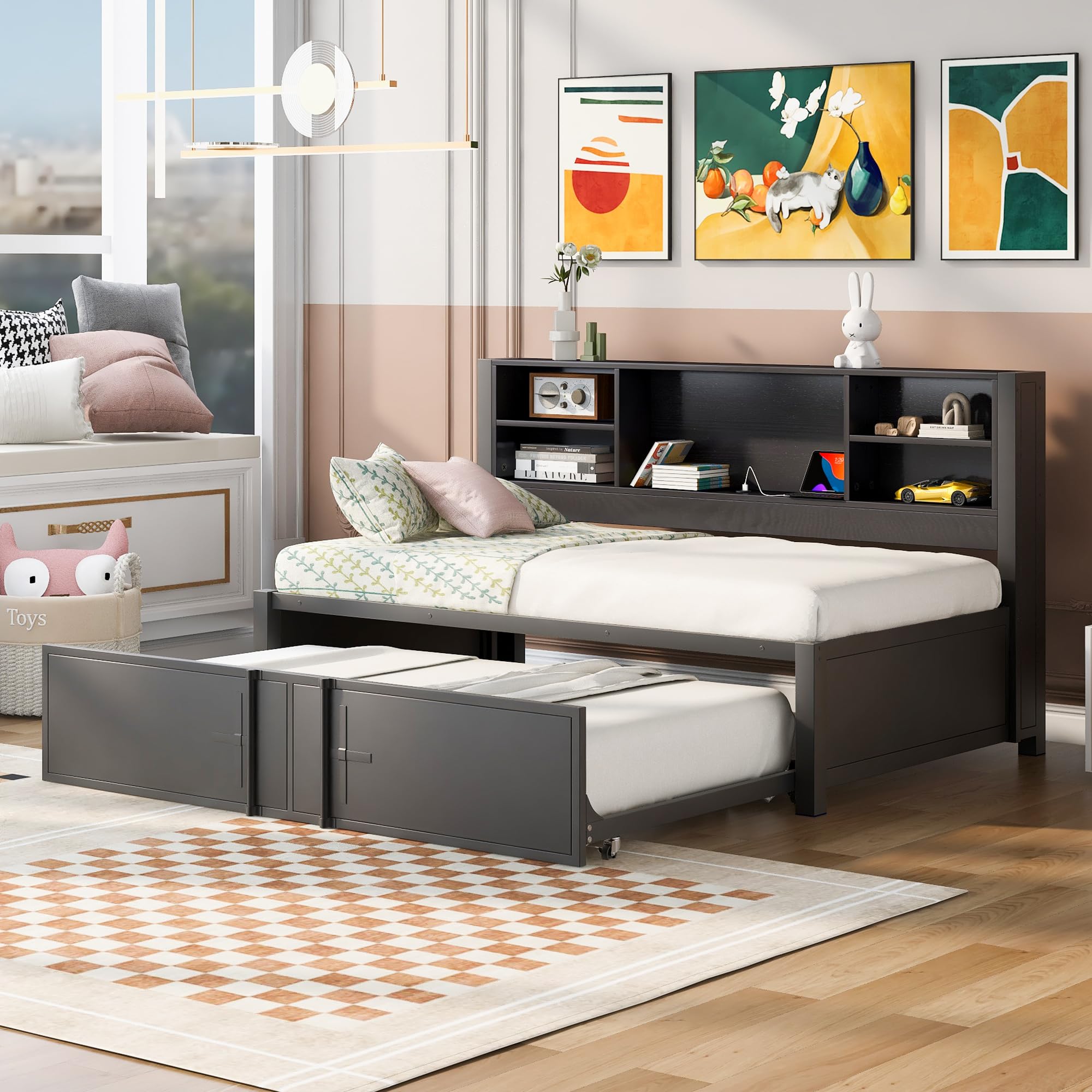 LostCat Full Size Daybed with Storage Bookcases, Wood Day Bed with Sideboard Shelf, Wood Slat Support, Easy Assembly, White Oak