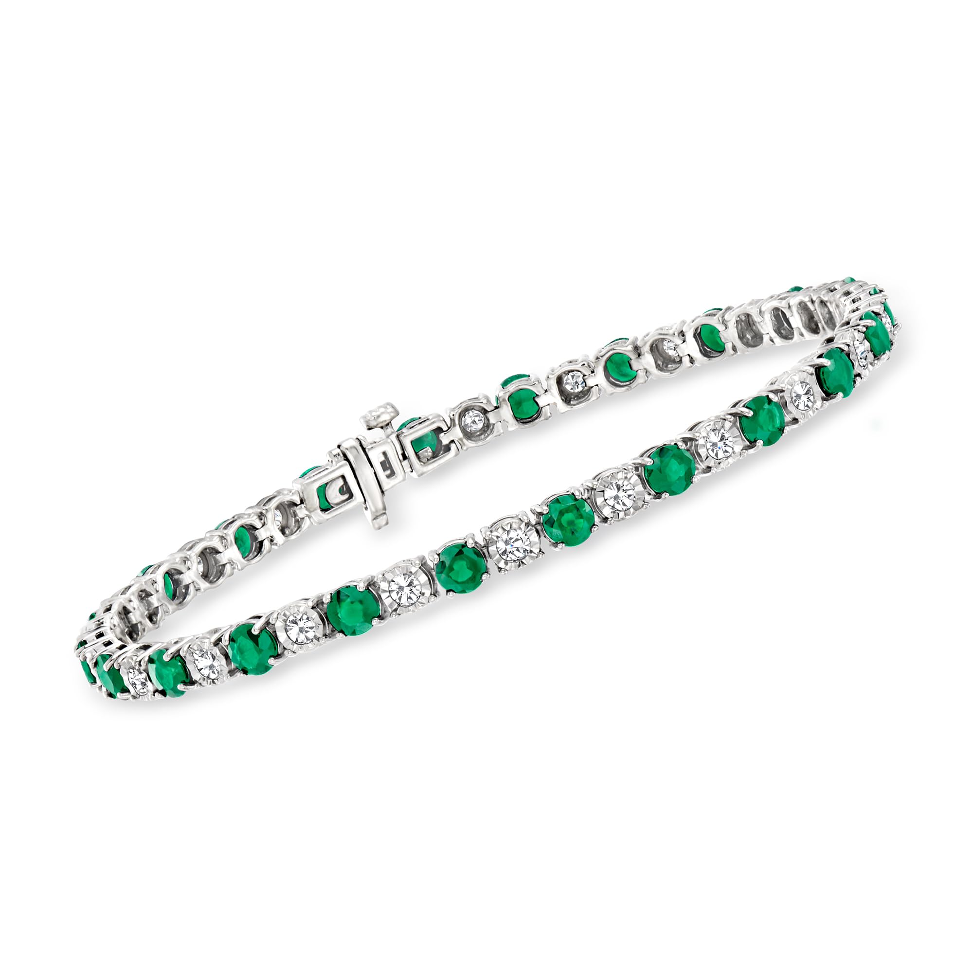Ross-Simons 5.50 ct. t.w. Emerald and 1.20 ct. t.w. Diamond Tennis Bracelet in Sterling Silver. 8 inches