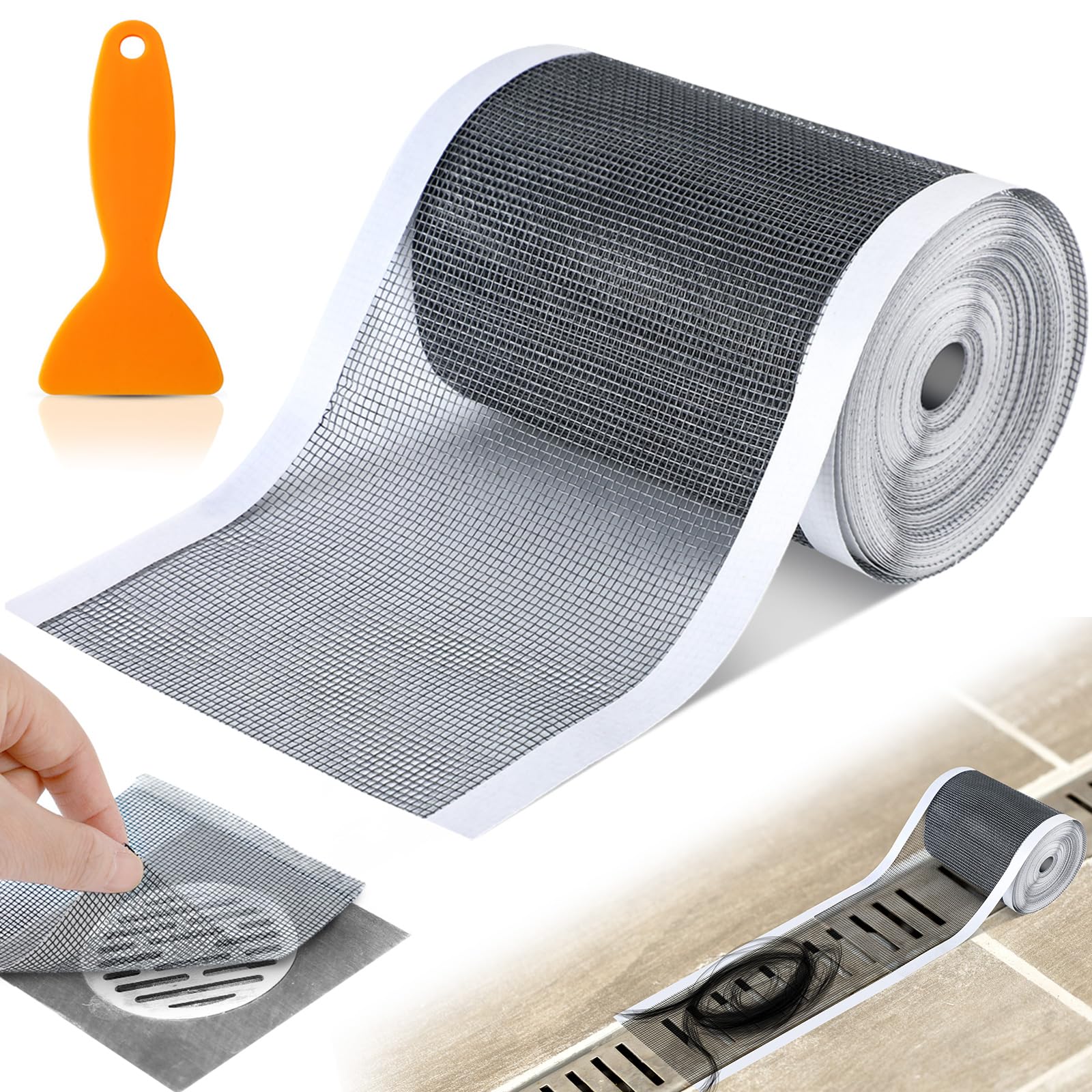 Leriton 4 Inch x 33 ft Disposable Shower Drain Hair Catcher Cutable Mesh Shower Drain Cover Stickers for Linear DIY Floor Drain Shower Drain Screen with Removal Tool for Bathroom Kitchen(1 Pack)