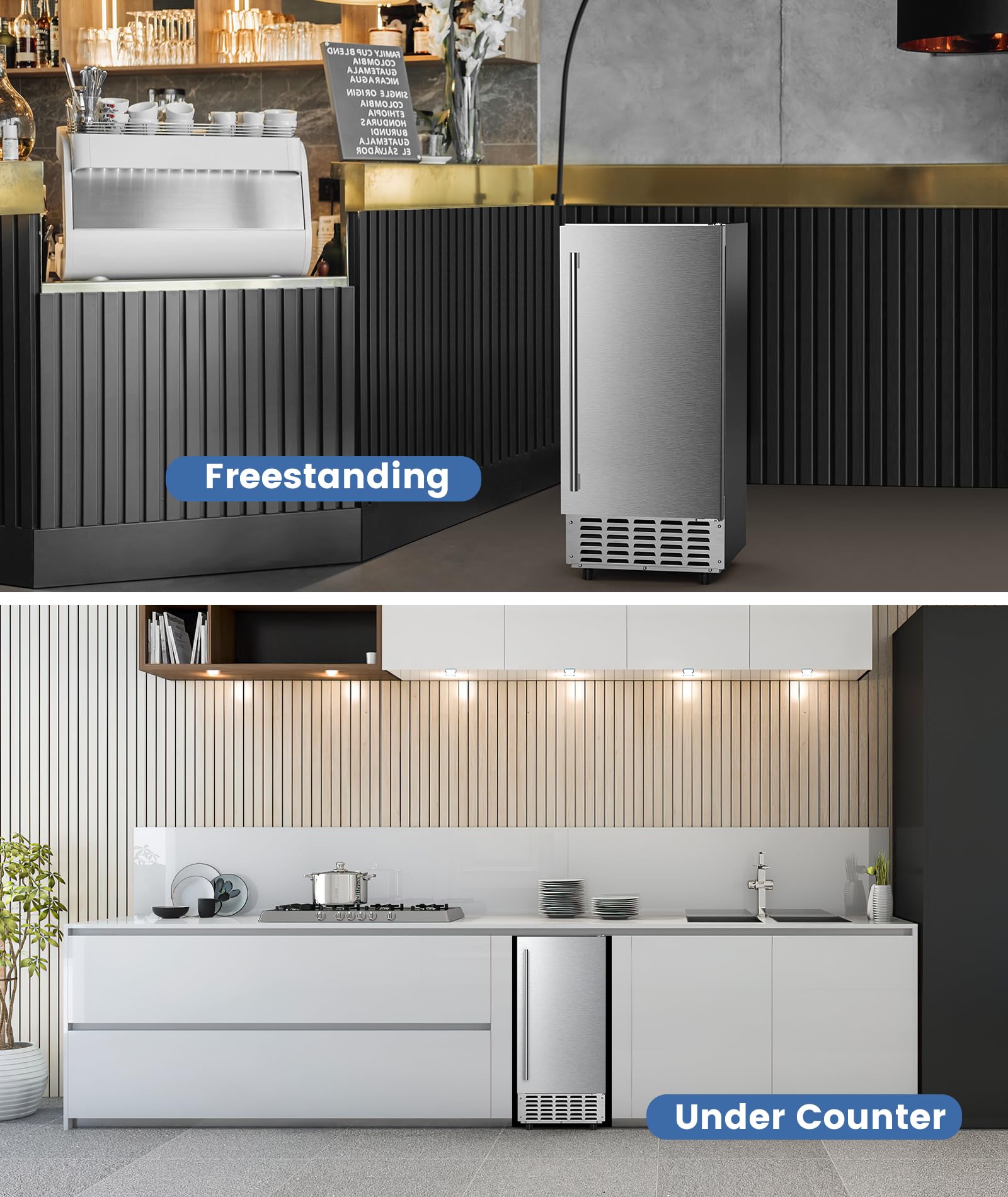 Joy Pebble Commercial Nugget Ice Maker Machine, 66Lbs/Day, Freezer Under Counter Nugget Ice Machine, Self-Clean/24H Timer/LCD Panel/Drain Pump, Stainless Steel Built-in Freestanding Ice Maker