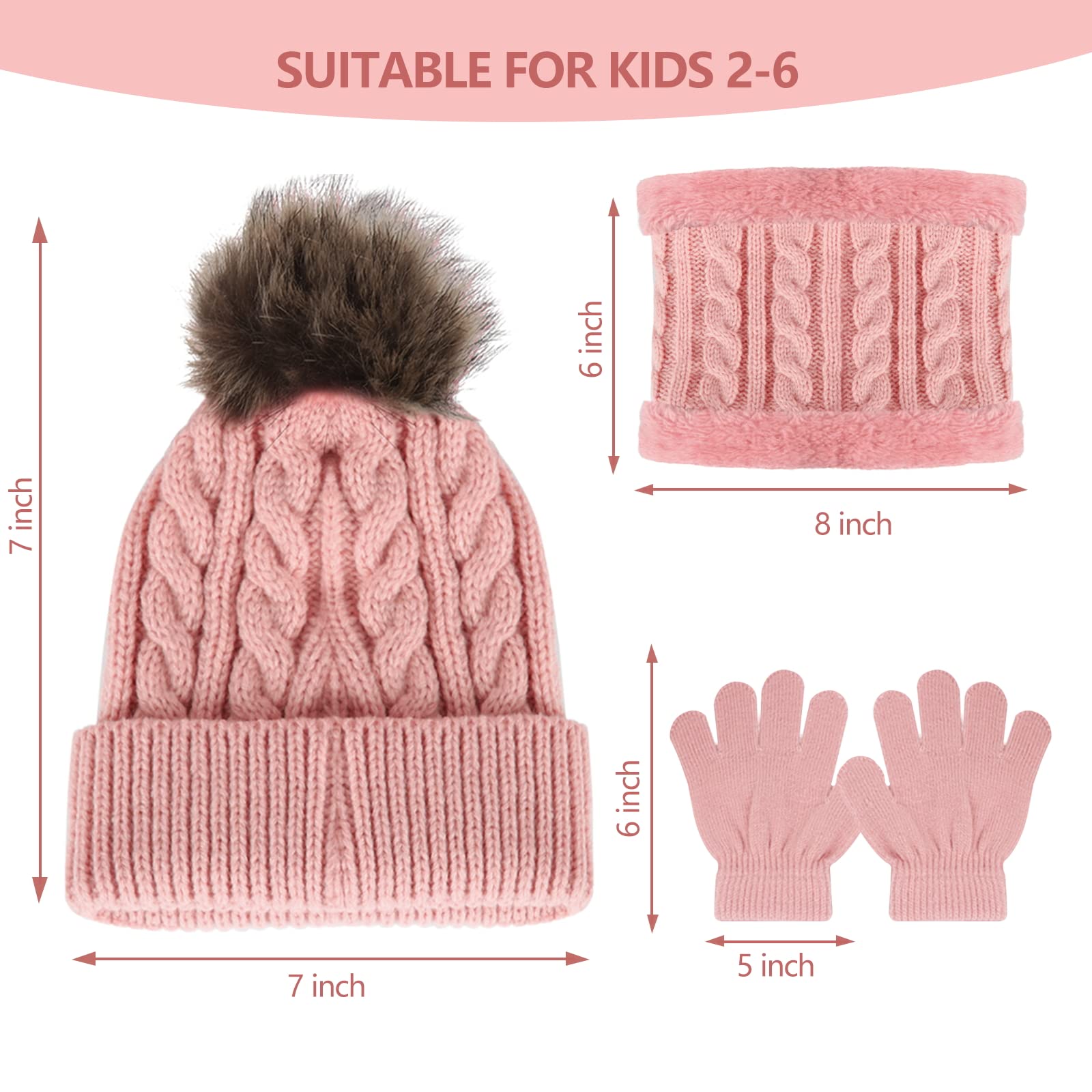 Kids Winter Beanie Hat Scarf Gloves Set for 2-6 Years Old, Toddler Winter Knit Hat Gloves Neck Warmer with Fleece Lined (pink)