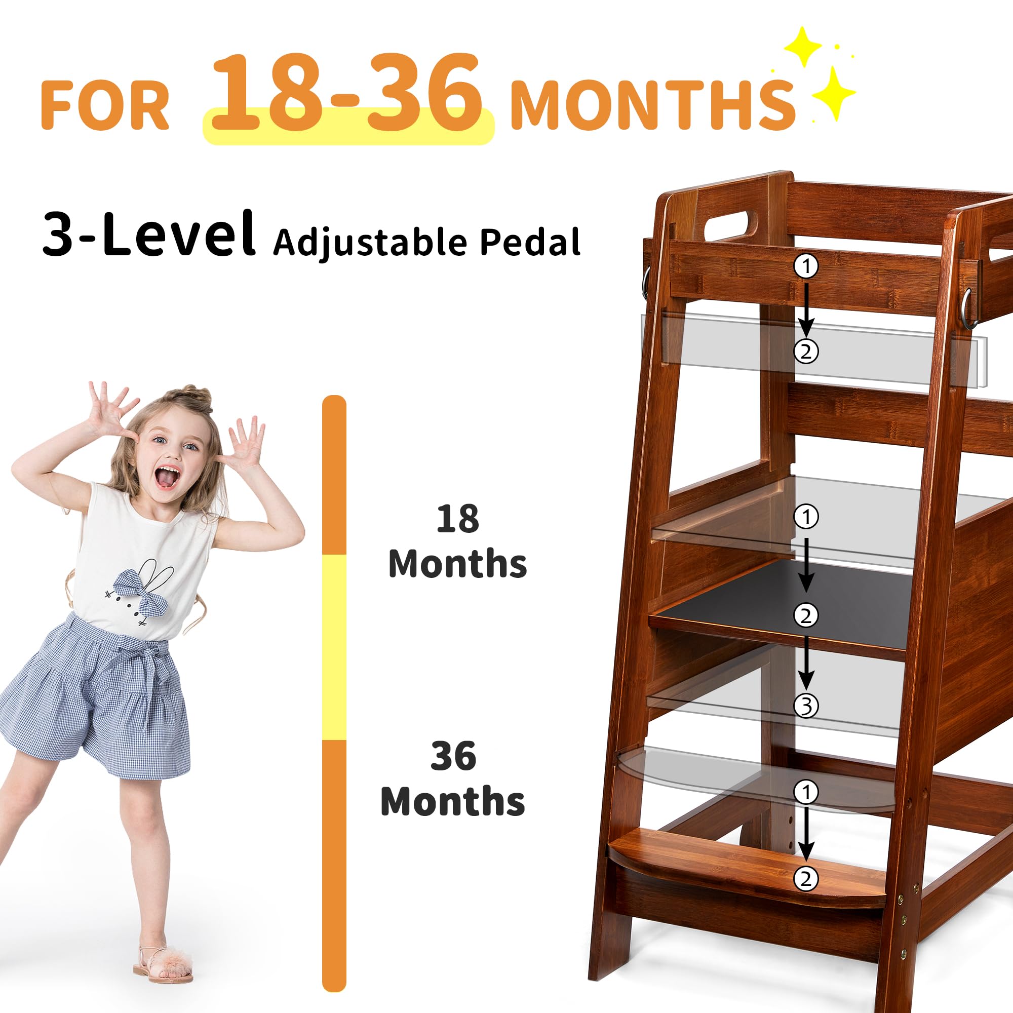 TOETOL Bamboo Toddler Kitchen Step Stool Helper Standing Tower Height Adjustable with Anti-Slip Protection