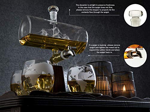 Whiskey & Wine Decanter Gifts for Men & Dad, Ship Decanter 1000ml, Set with 4 Globe Drinking Glasses - Cool Liquor Dispenser for Home Bar Unique Birthday Gift Ideas from Wife, Daughter, Son Present